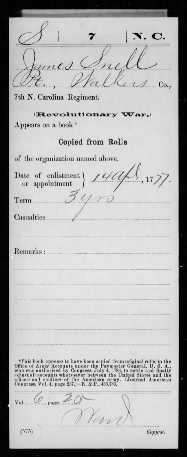 Service Records of James Snell